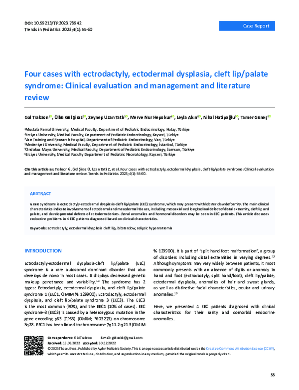 Pdf Four Cases With Ectrodactyly Ectodermal Dysplasia Cleft Lip Palate Syndrome Clinical