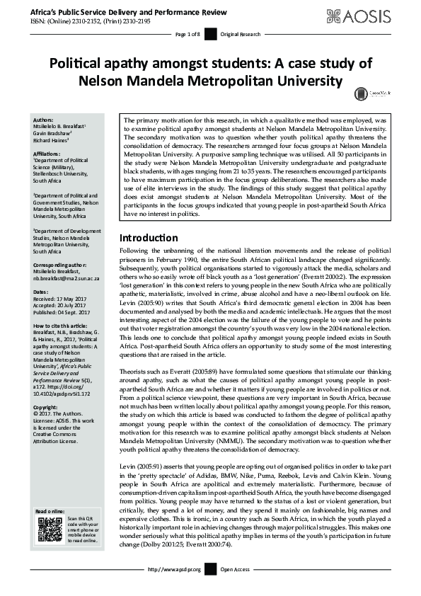 Political apathy amongst students: A case study of Nelson Mandela ...