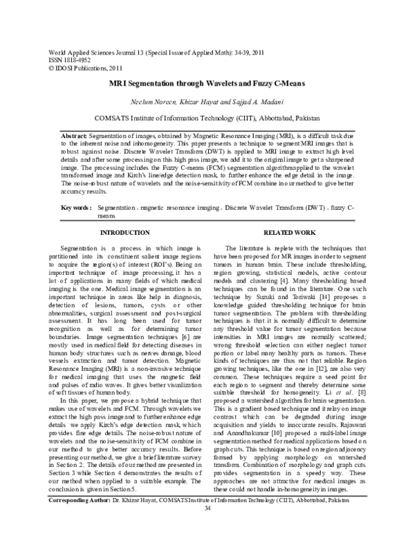 Pdf Mri Segmentation Through Wavelets And Fuzzy C Means Khizar Hayat