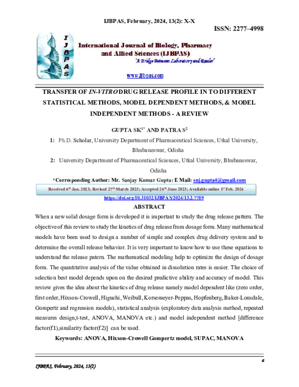 (PDF) TRANSFER OF IN-VITRO DRUG RELEASE PROFILE IN TO ...