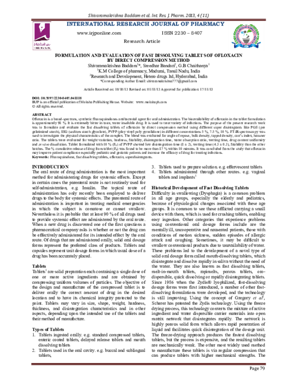Pdf Formulation And Evaluation Of Fast Dissolving Tablets Of Flunarizine Hydrochloride By