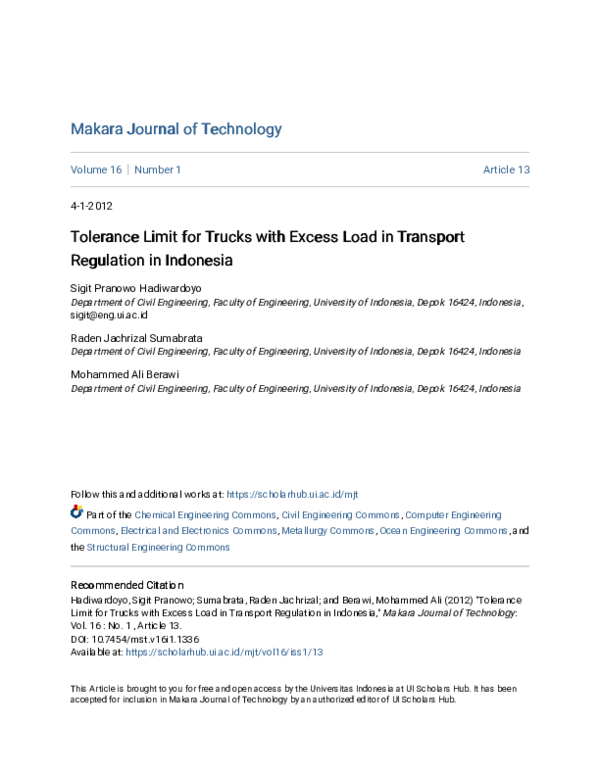 (PDF) Tolerance Limit for Trucks with Excess Load in Transport ...