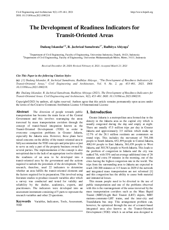 (PDF) The Development of Readiness Indicators for Transit-Oriented Areas
