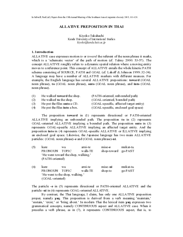 (PDF) Allative Preposition in Thai