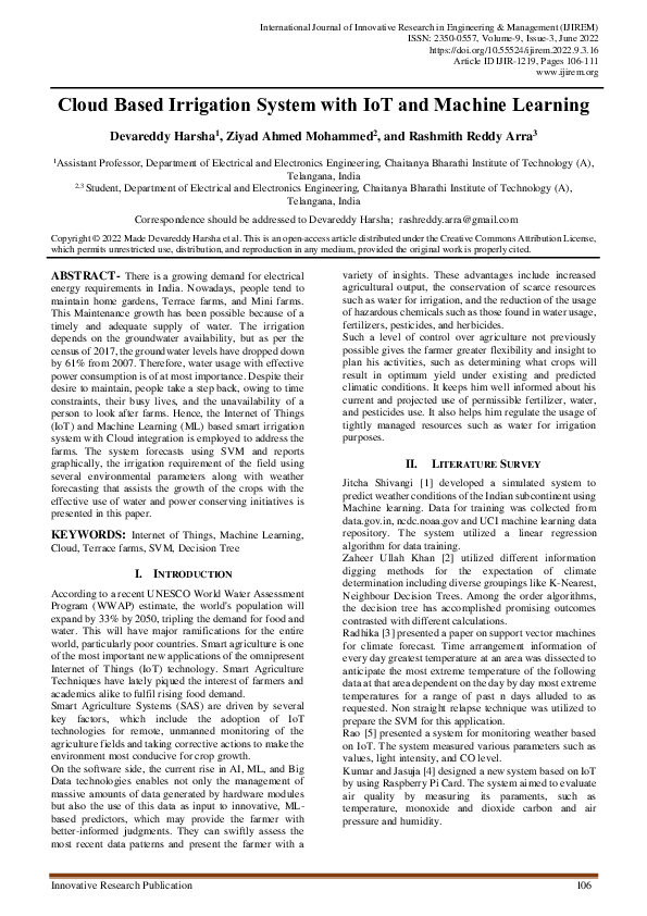 (PDF) Cloud Based Irrigation System with IoT and Machine Learning