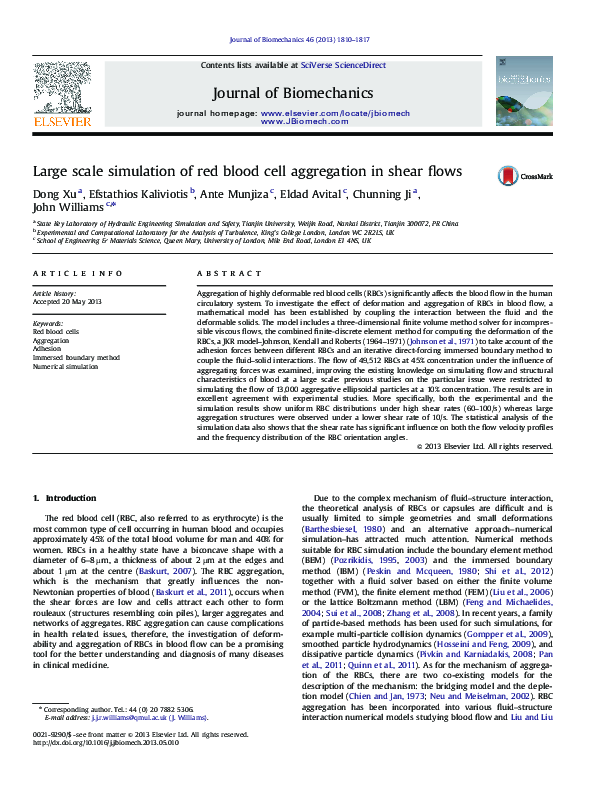(PDF) Large scale simulation of red blood cell aggregation in shear flows