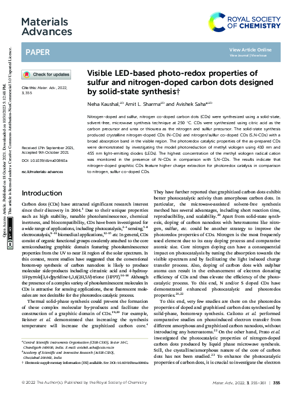 (PDF) Visible LED-based photo-redox properties of sulfur and nitrogen-doped carbon dots designed ...