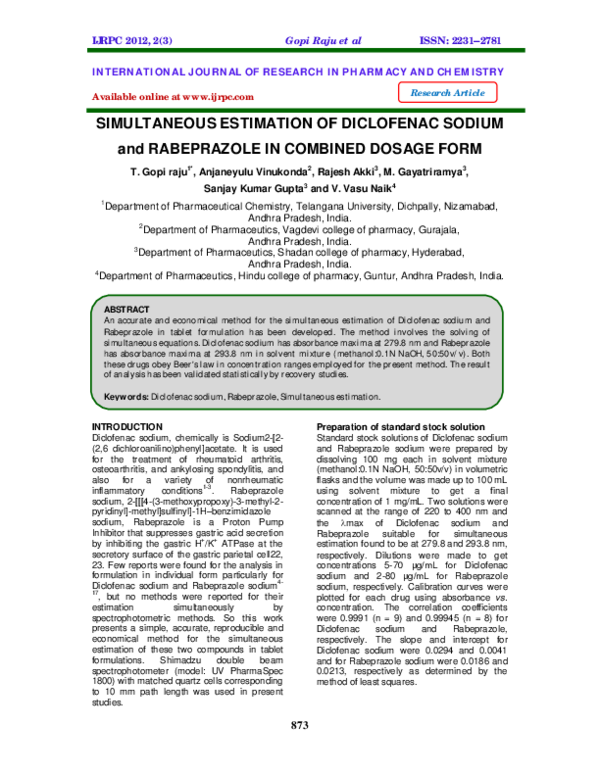 Pdf Simultaneous Estimation Of Diclofenac Sodium And Rabeprazole In Combined Dosage Form