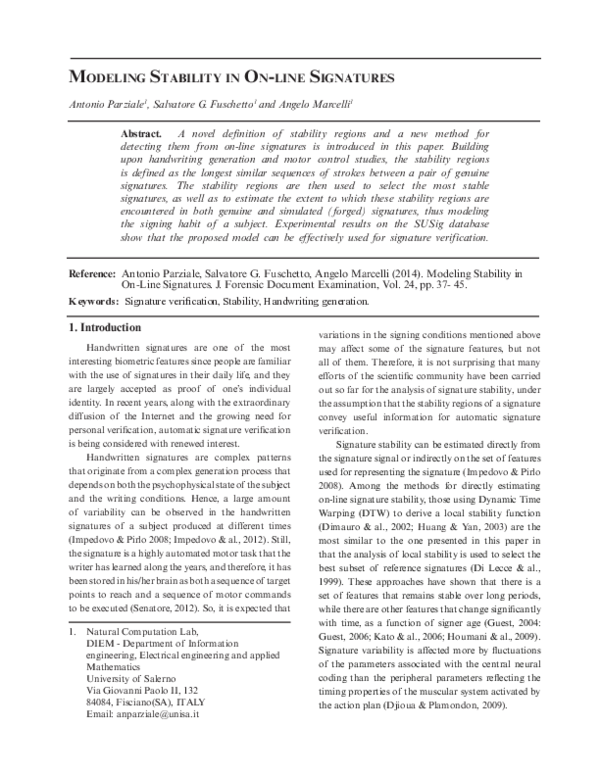 (PDF) Modeling Stability in On-line Signatures