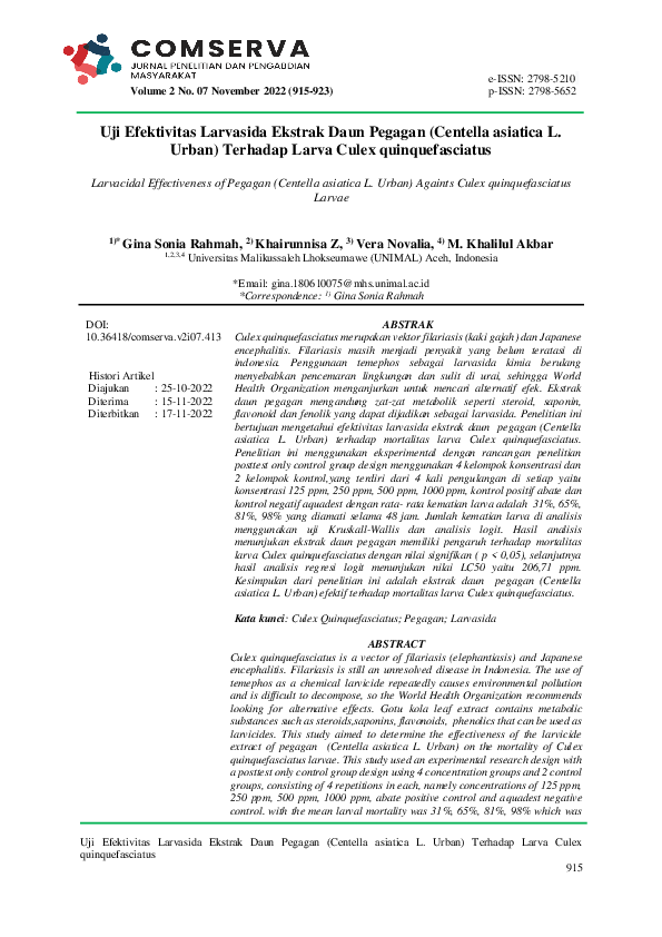 (PDF) Uji Efektivitas Larvasida Ekstrak Daun Pegagan (Centella asiatica ...