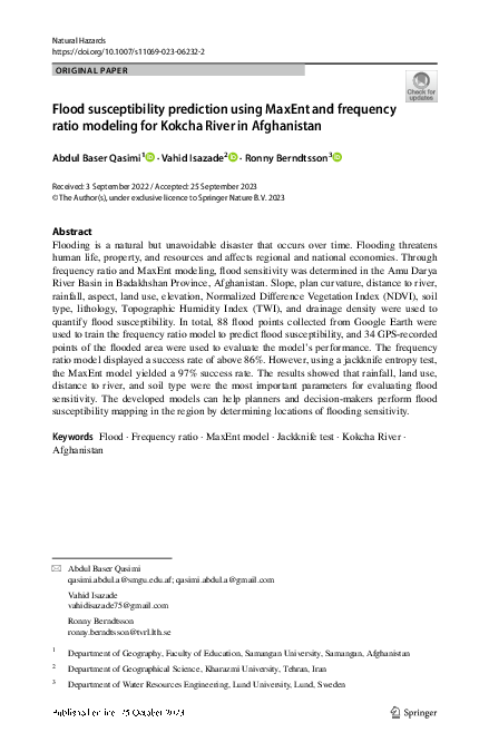 (PDF) Flood susceptibility prediction using MaxEnt and frequency ratio modeling for Kokcha River ...