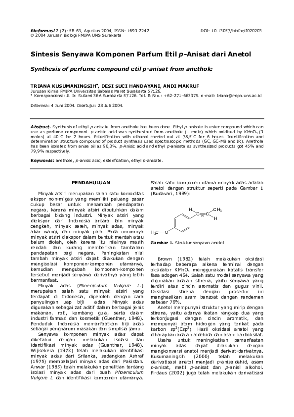 (PDF) Synthesis of perfume compound etil p-anisat from anethole