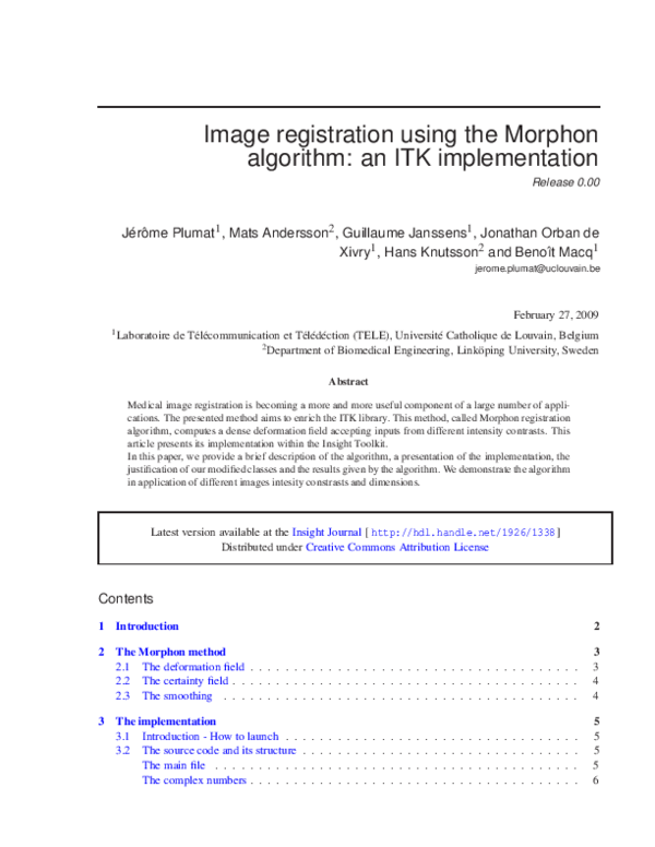 Pdf Image Registration Using The Morphon Algorithm An Itk Implementation