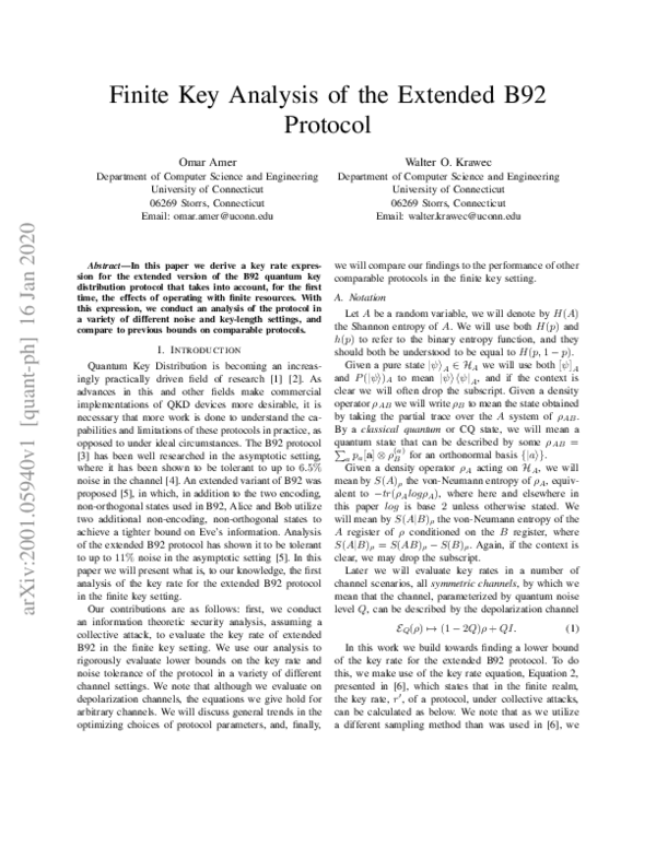 (PDF) Finite Key Analysis of the Extended B92 Protocol | Omar Hassan Amer - Academia.edu