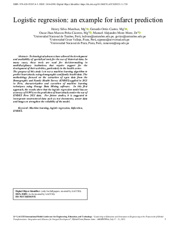 (PDF) Logistic regression: an example for the prediction of heart attacks
