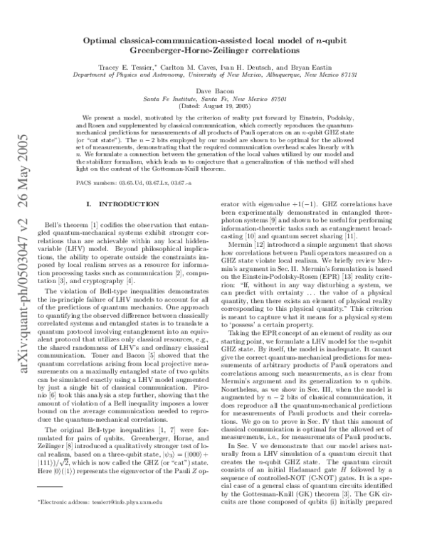 (PDF) Optimal classical-communication-assisted local model ofn-qubit Greenberger-Horne-Zeilinger ...