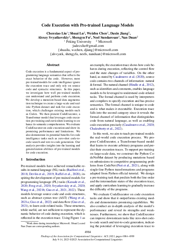 (PDF) Code Execution with Pre-trained Language Models