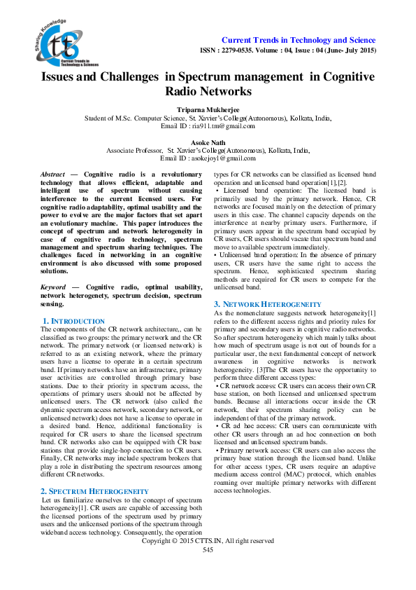 (PDF) Issues and Challenges in Spectrum management in Cognitive Radio Networks