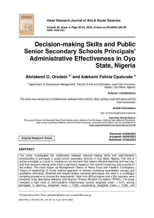 (PDF) Decision-making Skills and Public Senior Secondary Schools Principals’ Administrative ...