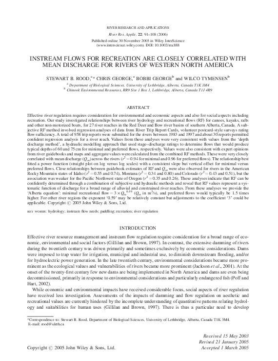 (PDF) Instream flows for recreation are closely correlated with mean discharge for rivers of ...