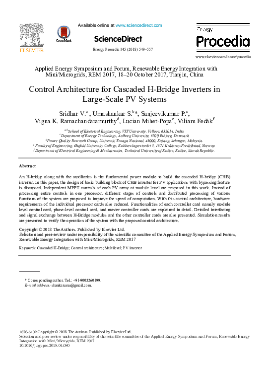 Pdf Control Architecture For Cascaded H Bridge Inverters In Large Scale Pv Systems