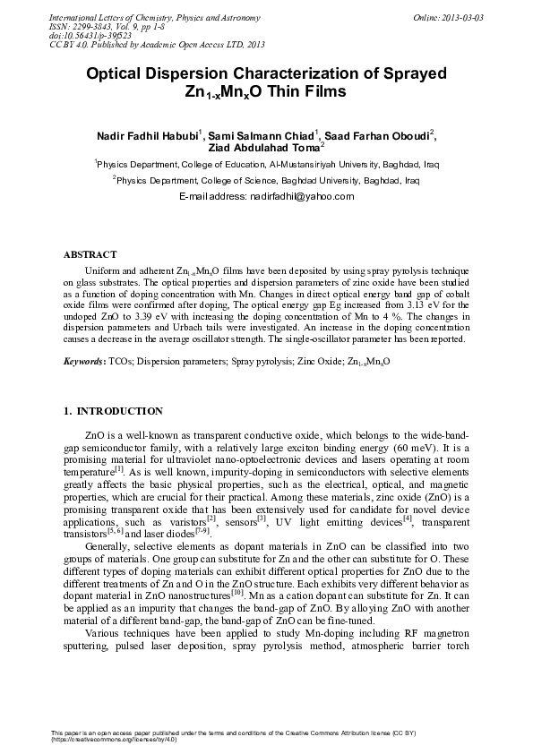 (PDF) Optical Dispersion Characterization of Sprayed Zn 1-x Mn x O Thin ...