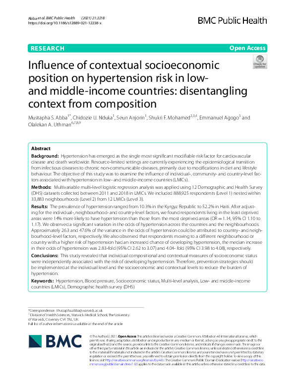 (PDF) Influence of contextual socioeconomic position on hypertension ...