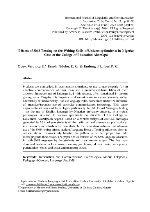 (PDF) Effects of SMS Texting on the Writing Skills of University ...