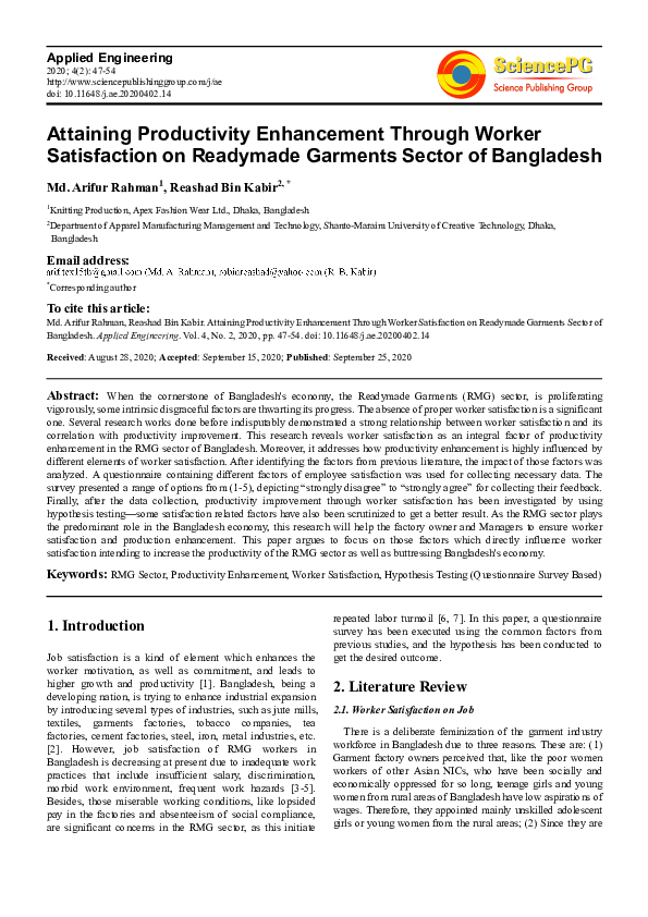 (PDF) Attaining Productivity Enhancement Through Worker Satisfaction on Readymade Garments ...