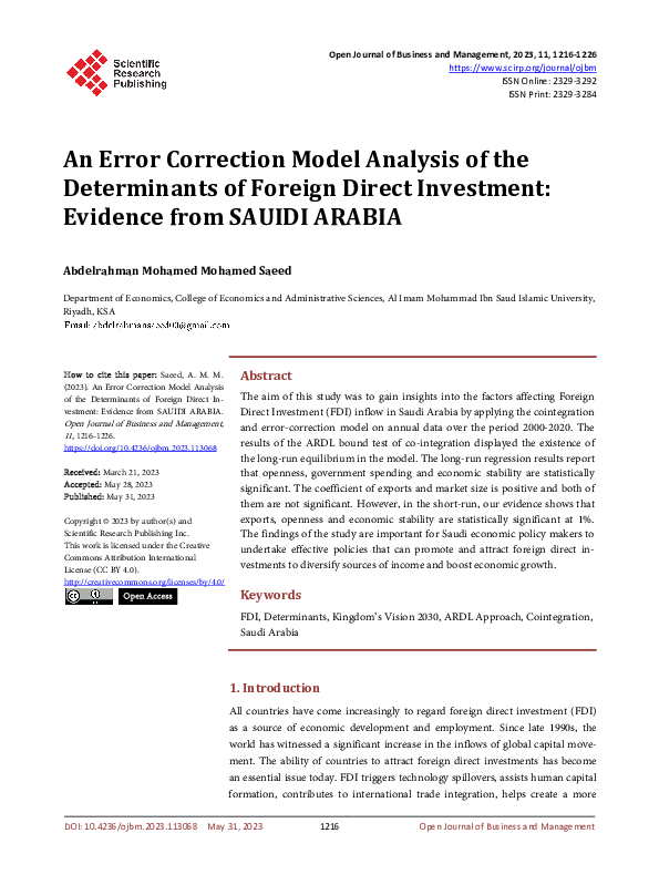 (PDF) An Error Correction Model Analysis of the Determinants of Foreign Direct Investment ...