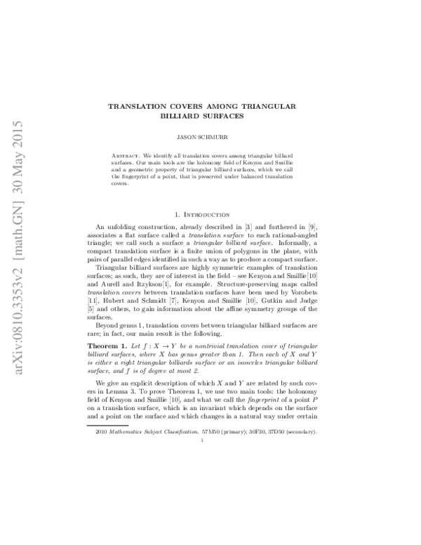 (PDF) Identifying Translation Covers in Triangular Billiard Surfaces