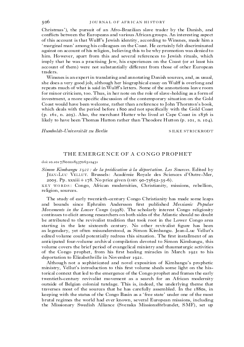 (PDF) THE EMERGENCE OF A CONGO PROPHET Simon Kimbangu 1921: de la prédication à la déportation ...
