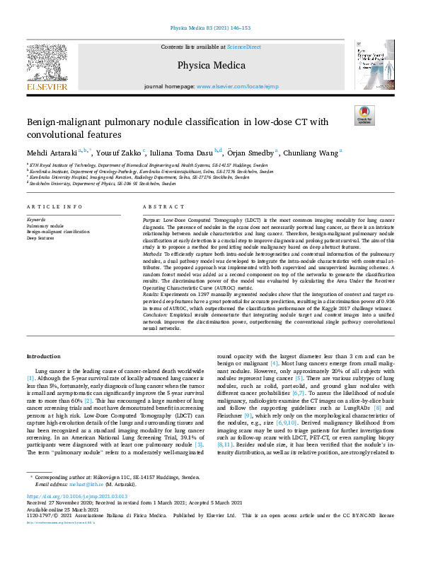 (PDF) Benign-malignant pulmonary nodule classification in low-dose CT with convolutional ...