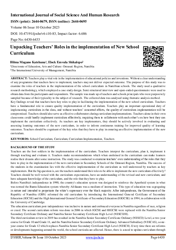 (PDF) Unpacking Teachers' Roles in the implementation of New School ...