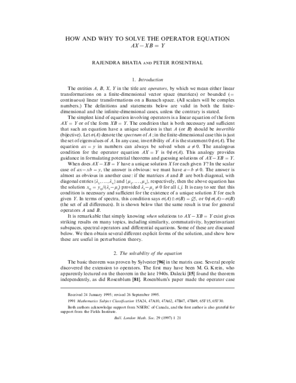 (PDF) How and Why to Solve the Operator Equation AX −XB = Y