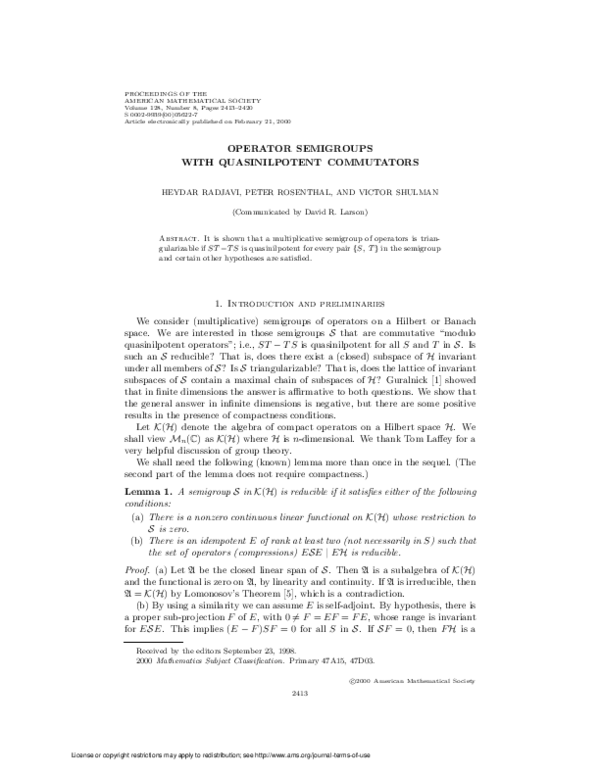 (PDF) Triangularizability of Operator Semigroups with Quasinilpotent Commutators