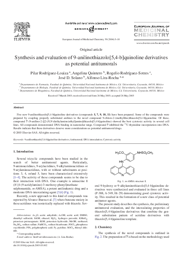 (PDF) Synthesis and evaluation of 9-anilinothiazolo[5,4-b]quinoline derivatives as potential ...