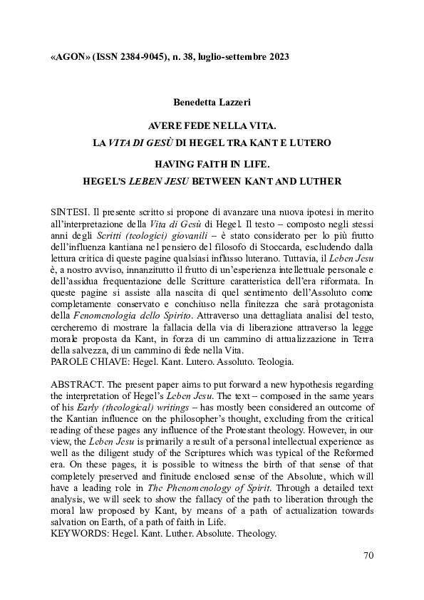 (PDF) Avere fede nella Vita. La Vita di Gesù di Hegel tra Kant e Lutero