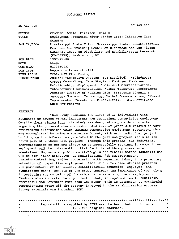 (PDF) Employment Retention after Vision Loss: Intensive Case Studies | Adele Crudden - Academia.edu