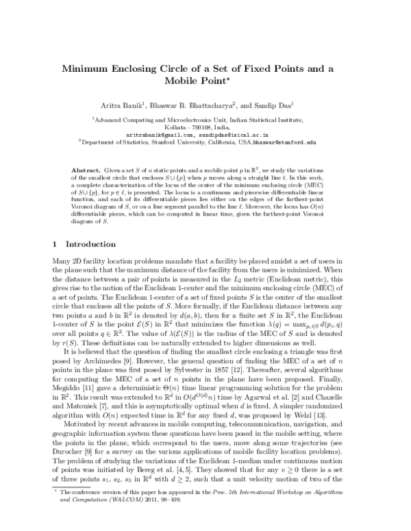 (PDF) Minimum enclosing circle of a set of fixed points and a mobile point