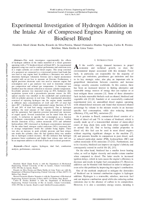 (PDF) Experimental Investigation of Hydrogen Addition in the Intake Air of Compressed Engines ...
