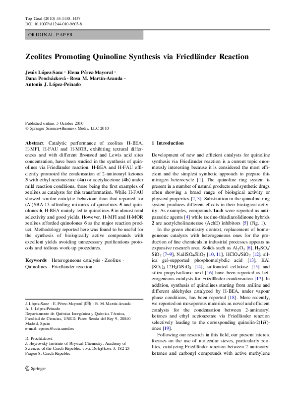 (PDF) Zeolites Promoting Quinoline Synthesis via Friedländer Reaction