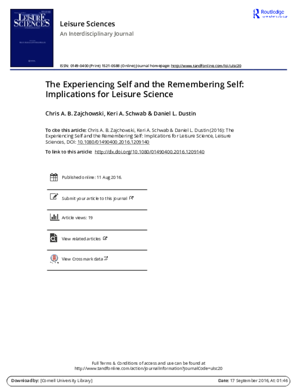 (PDF) The Experiencing Self and the Remembering Self: Implications for Leisure Science