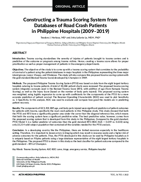 (PDF) Constructing a Trauma Scoring System from Databases of Road Crash ...