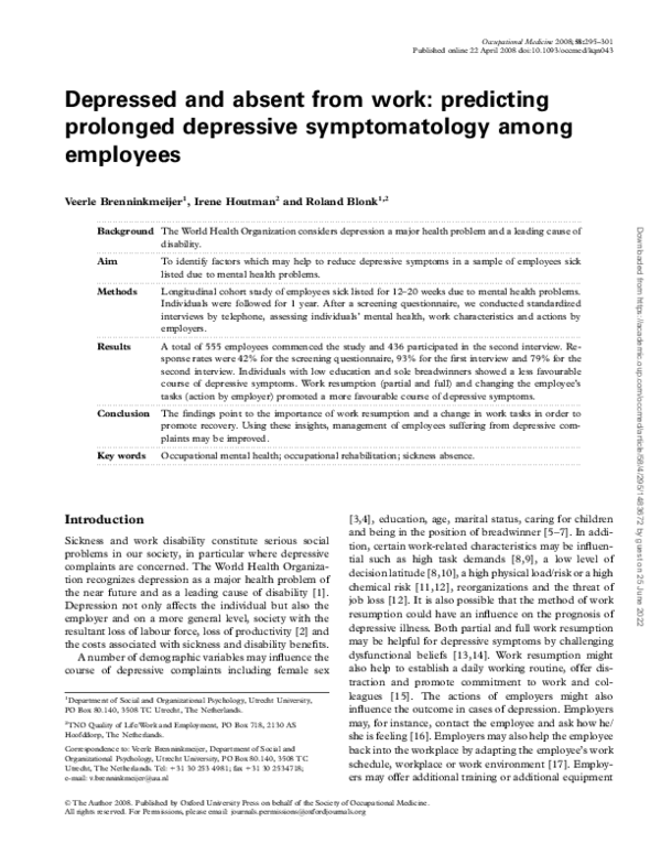 (PDF) Depressed and absent from work: predicting prolonged depressive ...