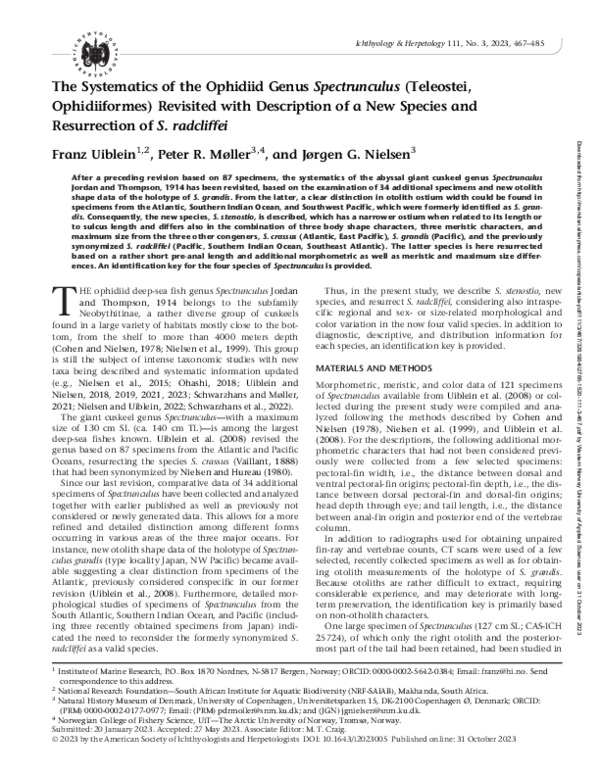 (PDF) 2023 - The Systematics of the Ophidiid Genus Spectrunculus ...