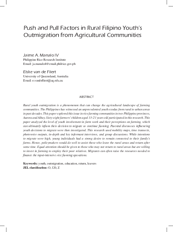(PDF) Push and Pull Factors in Rural Filipino Youth’s Outmigration from ...