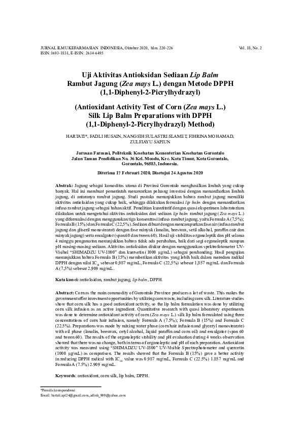 (PDF) Uji Aktivitas Antioksidan Sediaan Lip Balm Rambut Jagung (Zea ...