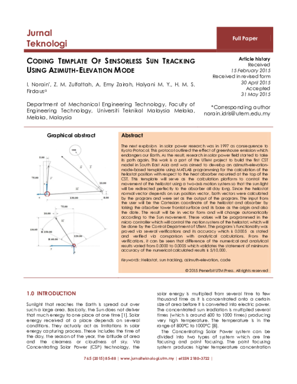 (PDF) Coding Template of Sensorless Sun Tracking Using Azimuth-Elevation Mode