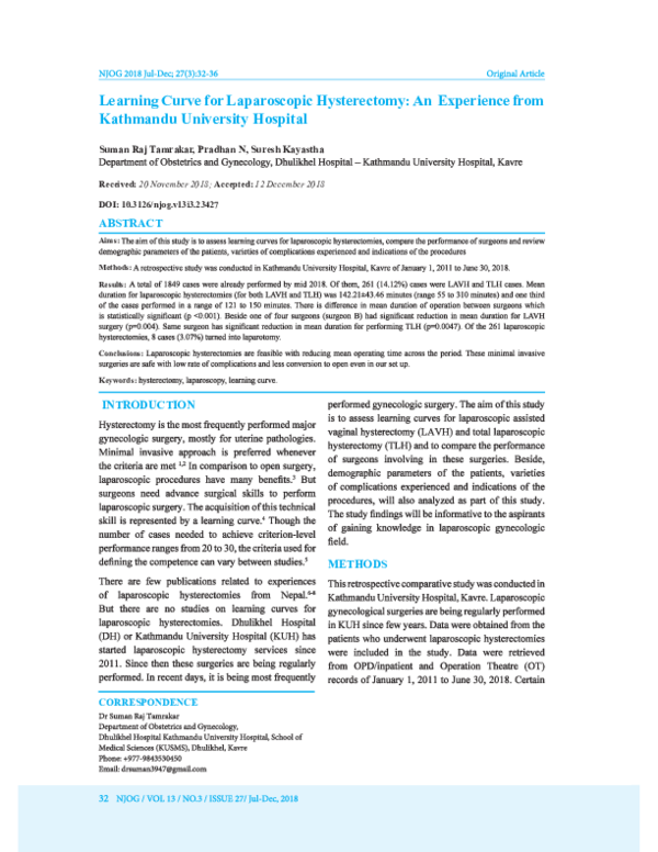 (PDF) Learning Curve for Laparoscopic Hysterectomy: An Experience from Kathmandu University ...
